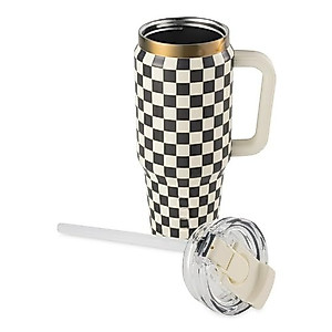 Thymes & Tables Tumbler with Handle, Dual Straw Lid, Stainless Steel Double Wall Insulated, Cream & Black, 32oz