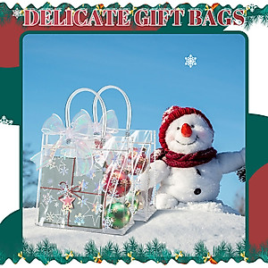 Henoyso 24 Pcs Snowflake Clear Gift Bags Winter Frozen Party Favors Bags Christmas Plastic Candy Goodie Treat Bags with Handles and Ribbon 7.8 x 7.8 x 3.1 PVC Gift Wrap Tote(Laser Silver)