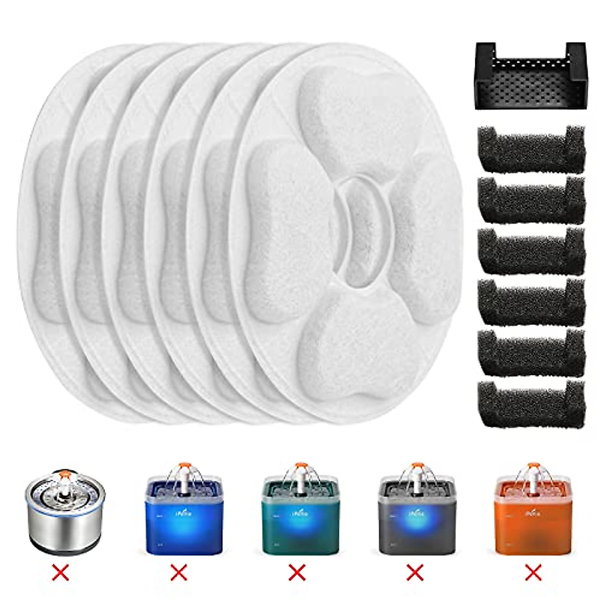 iPettie Only for Kamino Fountain Replacement Filters, Not for Colorful LED Flower Fountain, 6 Filters, 6 Sponges & 1 Sponge Bracket