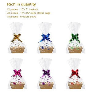 Canlierr 12 Pcs Gift Baskets Empty Includes 12 Pcs 10 x 7 x 3 Inches Kraft Market Tray Cardboard Basket with Handles, 18 Pcs Bags and 20 Pcs Multicolor Bows for Christmas Wedding Birthday Gift