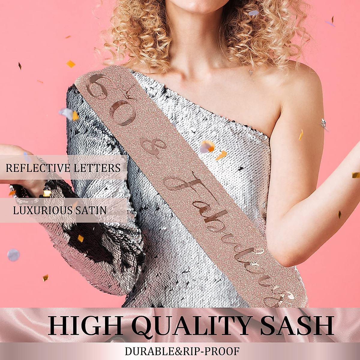 Trgowaul 60th Birthday Decorations Party Set for Women, Rose Gold 60 Birthday Banner and Tablecloth, 60 & Fabulous Sash and Tiara, 1PC Happy 60th Birthday Cake Topper, Pink Gold 60 Number Balloons