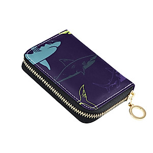 Seamless Yellow Purple Turquoise Swimming Sharks on Dark Credit Card Coin wallet, Key Change Organizer Zipper Purse Compact Clutch Pouch Pocket, RFID Blocking Women Leather Card Holder