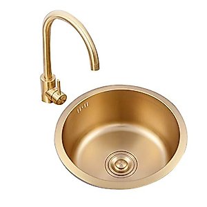 Single Bowl Bar Sinks Black round Sink Kitchen Renovation Pool round Single Sink with Hot and Cold Faucet Mixer Taps Washbasin Sink, 40 x 40 cm, Gold