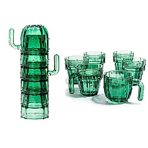 Cactus Stackable Glasses, Stacktus Gifts, Set of 6-10 oz Cactus Shape Glasses With Handles Green Glass Blown Figurines Plant Decorations for Parties 5" H 5" W - Copyright Design, Patent Pending