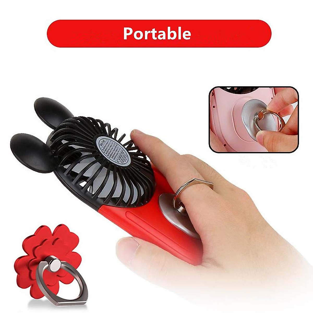 DECVO Cute Personal Mini Fan, Handheld & Portable USB Rechargeable Fan with Beautiful LED Light, 3 Adjustable Speeds, Portable Holder, for Indoor Or Outdoor Activities, Cute Mouse 2 Pack (Red+Pink)