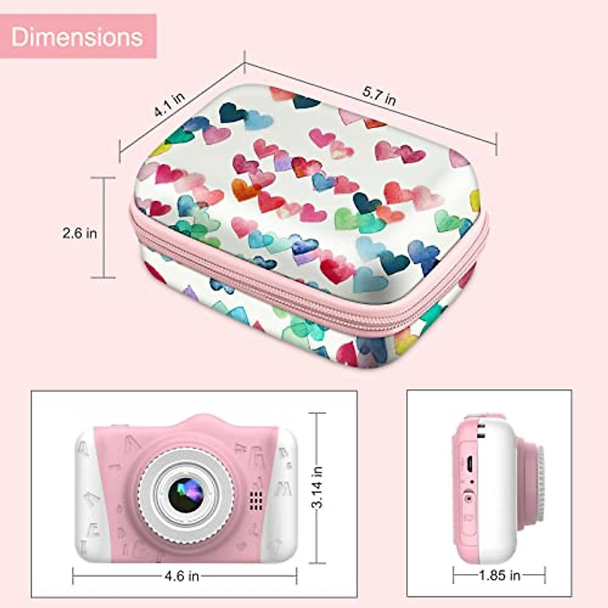 Fintie Kids Camera Case Compatible with Seckton/GKTZ/WOWGO/OMZER/Suncity/Agoigo/Ourlife/Rindol/Unicorn Toys Digital Camera & Video Camera, Hard Carrying Bag with Inner Pocket, Raining Hearts