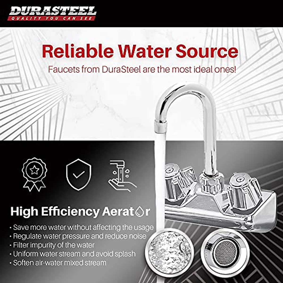 Kitchen Sink Faucet Wall Mount - DuraSteel 4" Center Commercial Kitchen Sink Faucet with 3-1/2" Gooseneck Spout - Dual Knob Handles - Brass Constructed & Chrome Polished