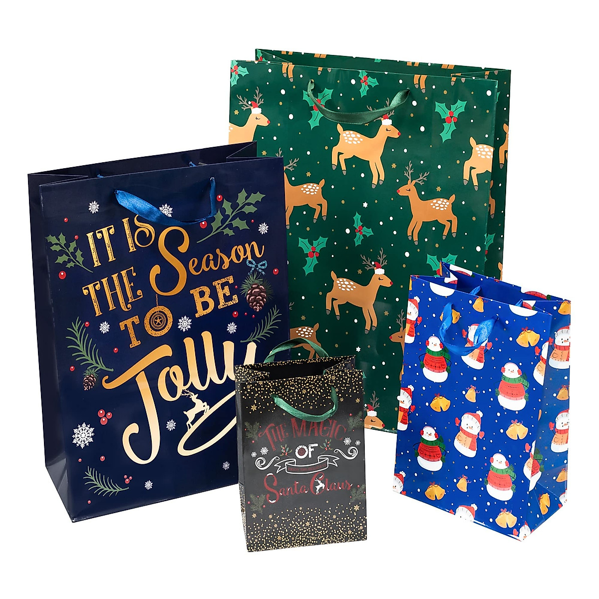 Novnsoi 24 PCS Christmas Bags Bulk Set for Wrapping Holiday Gifts, Recyclable Festival Bags with Snowman, Reindeer, Christmas Bell/Tree, Snowflake, Gin Design - 6 X-Large,6 Large,6 Medium,6 Small