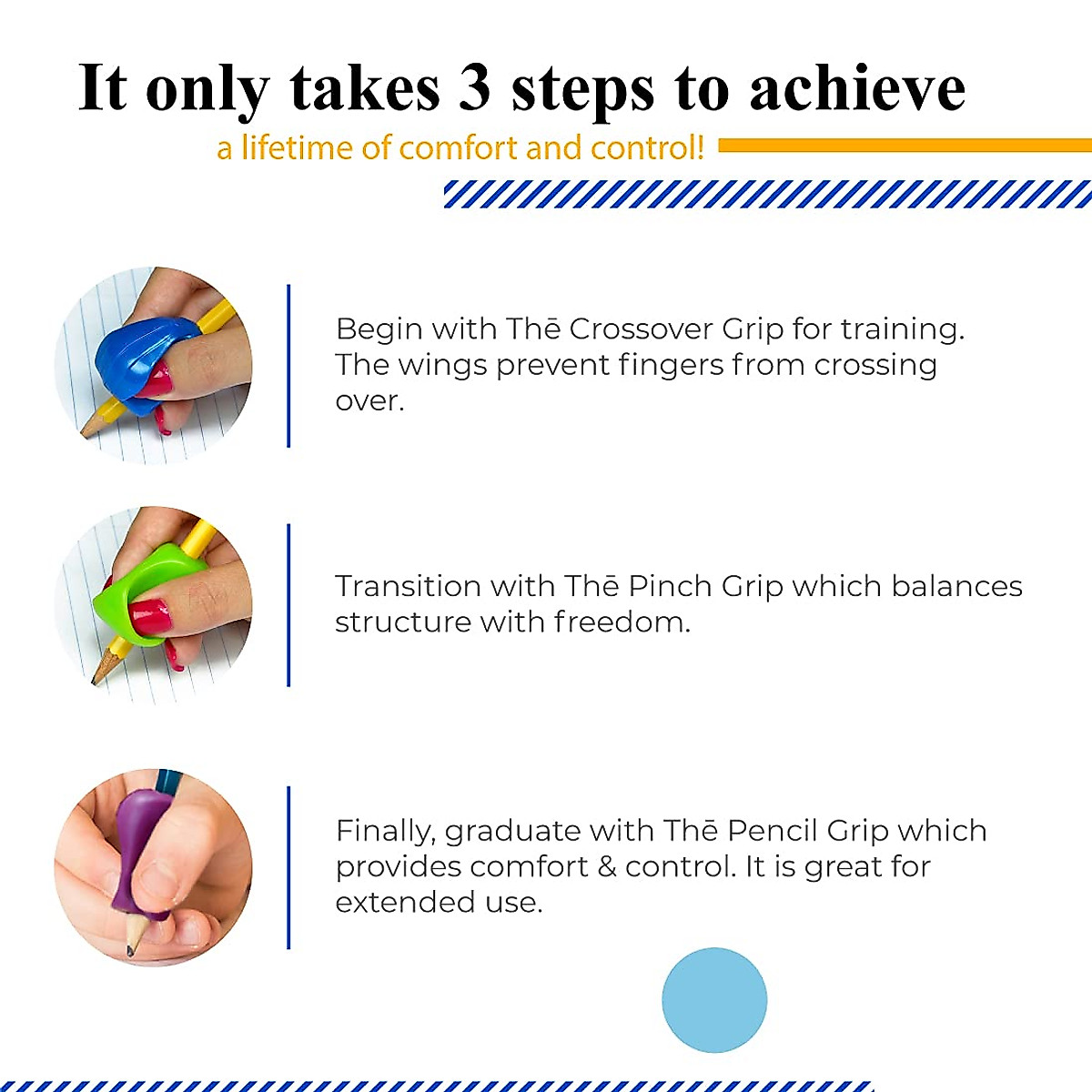 The Pencil Grip 3-Step Training Kit with 3 Premium Ergonomic Pencil Grips, Crossover Grip, Pinch Grip, Pencil Grip (MXG-003)