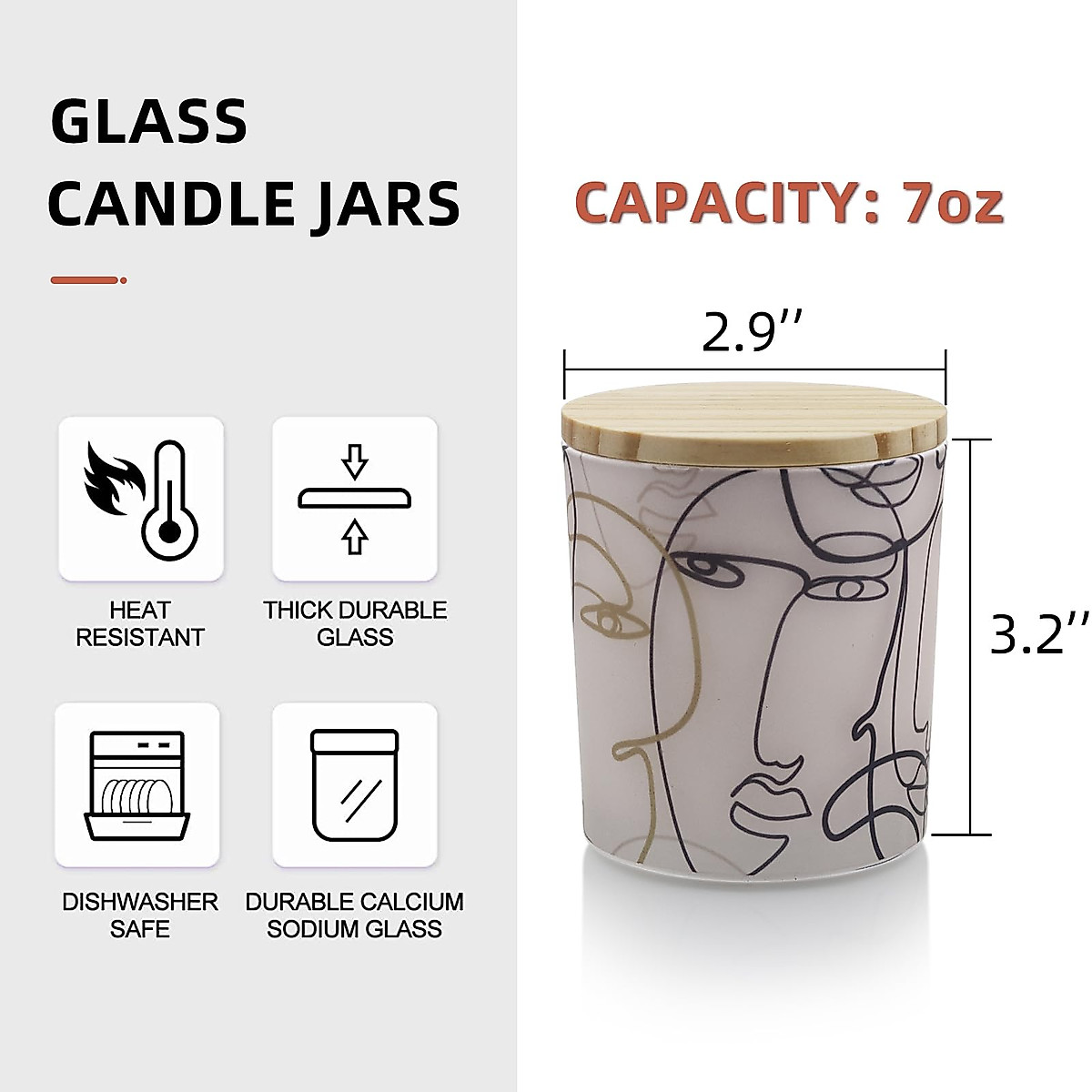 SHMILMH Frosted Glass Candle Jars for Making Candles with Wooden Lids, Thick Empty Candle Jars with Colored Abstract Human Faces in Bulk 6PCS 7OZ