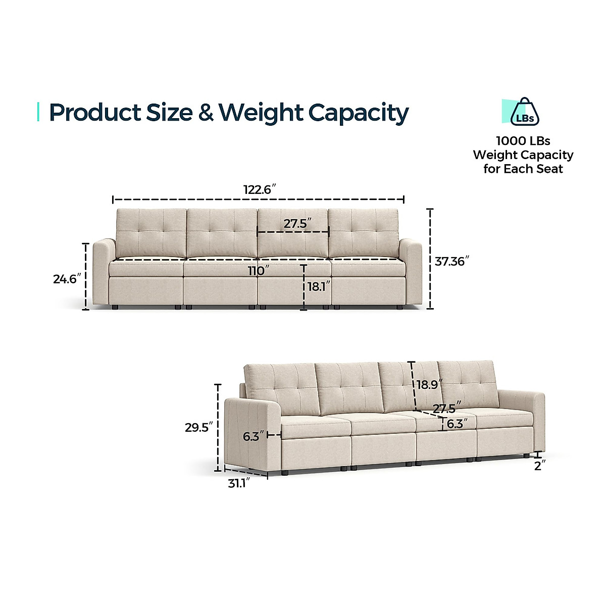 LINSY HOME Rubik III 4 Seats Fabric Sofa Set, Deep Seat Modular Sectional Sofa, Modern Extra Large Sofa Couch with Storage Seats & Removable Cover, 4 Seater Convertible Sofa, Dark Grey