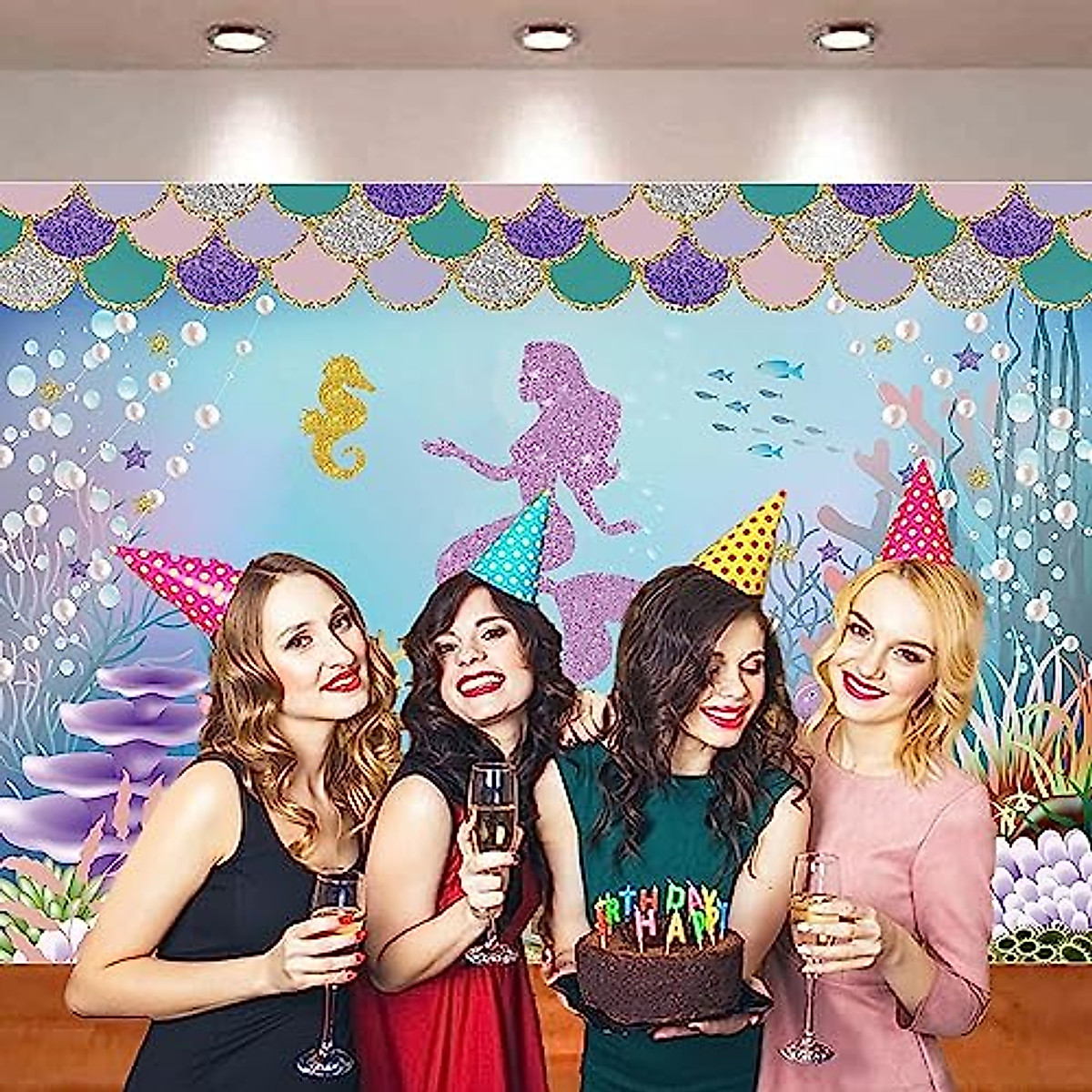 Under The Sea Mermaid Photography Backdrops Mermaid Scales Photo Background Purple Blue Mermaid Pearl Whale Decor Happy Birthday Party Banner 71x44 inch Polyester Fabric Baby Shower