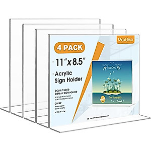 MaxGear Acrylic Sign Holder 8.5 x 11 inches 4 Pack, Horizontal Plastic Display Stand, Clear Table Top Flyer Paper Holders, Menu Ad Frames for Office, Store, Restaurant, Home - Landscape