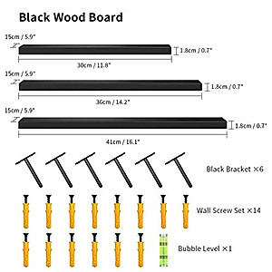 EEFOW Black Floating Shelves Wall Mounted - 3 Sets Decor Display Ledge Shelf Wood Modern with Invisible Brackets for Living Room Bedroom Bathroom Kitchen Storage Home Plant Photo Frames Decoration