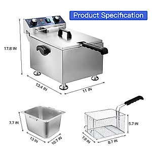 WaterElfo Electric Deep Fryer - 13L 13.7QT Commercial Deep Fryer 1800W 120V18.7Pounds withTroperature Control and Timer Large Basket Fryer for Commercial and Domestic Kitchens