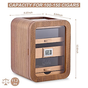 Glass-Top Humidor Cabinet,Handmade Humidor Box,Cedar Desktop Box with Humidifier,Hygrometer&Travel Case,Gifts for Men,Father Day,150 Counts Capacity-Black Walnut