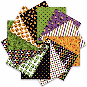 Whaline 12Pcs Halloween Cotton Fabric Bundles 10 x 10 Inch Spider Web Pumpkin Monster Fat Quarters Colorful Sewing Fabrics for DIY Craft Party Decor