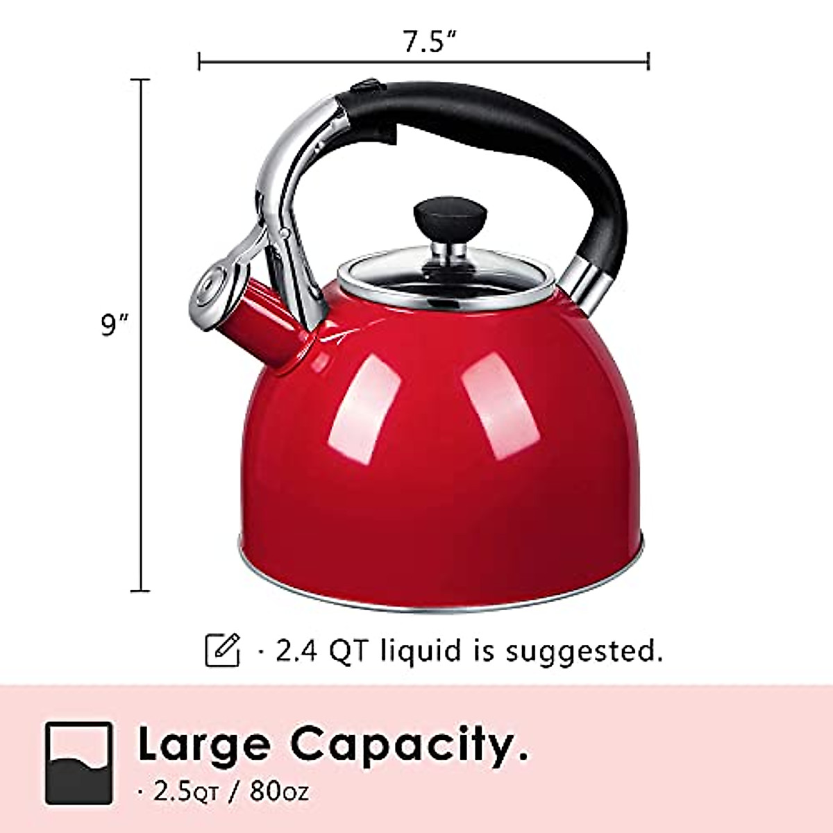 Rorence Whistling Tea Kettle: 2.5 Quart Stainless Steel Kettle with Capsule Bottom & Heat-resistant Glass Lid (Red)