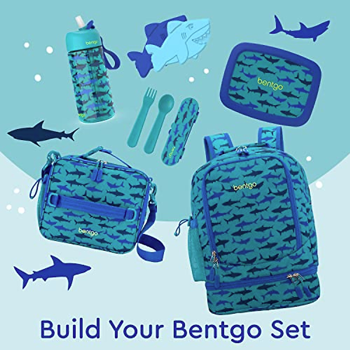 Bentgo® Kids 2-in-1 Backpack & Insulated Lunch Bag - Durable 16” Backpack & Lunch Container in Unique Prints for School & Travel - Water Resistant, Padded & Large Compartments (Shark)