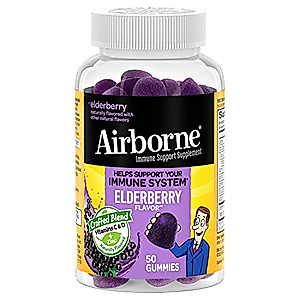 Airborne Elderberry + Zinc & Vitamin C Gummies For Adults, Immune Support Vitamin D & Zinc Gummies With Powerful Antioxidant Vitamins C D & E - 50 Gummies, Elderberry Flavor