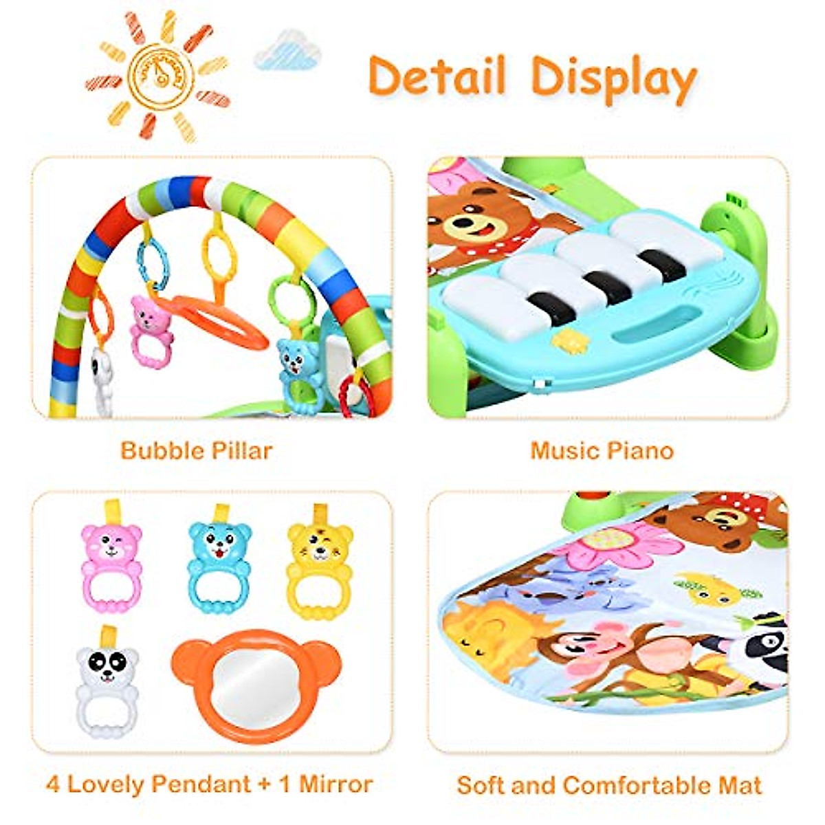 BABY JOY Baby Play Mat, Kick and Play Gym with Detachable Piano, Foot Gym Carpet Piano Fitness Rack, 4 Rattle Pendants and 1 Mirror, Ideal for Baby Room (Rainbow)