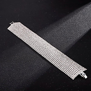 Denifery Crystal Rhinestones Cluster Wide Bangle Bracelet Rhinestone Stackable Stretch Bracelets for Women (Silver)