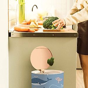 7L/1.8 Gallon Garbage Can with Press Top Lid Seamless childish with funny whales Creative scandinavian kids texture Trash Bin with Wooden Legs Dog Proof Round Trash Can for Kitchen Outdoor Bathroom