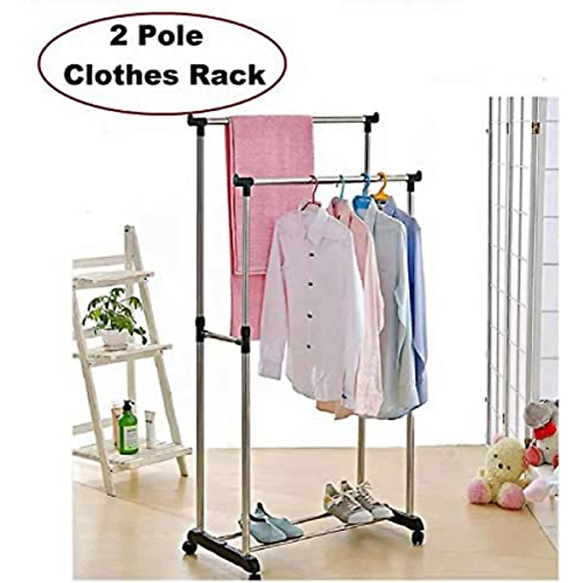 Double Pole Portable Clothing Hanging Garment Rack Laundry Drying Hanger with Wheels (Double Pole) Pole Telescopic Clothes | Fordable Single and Stand for Indoor Outdoor.