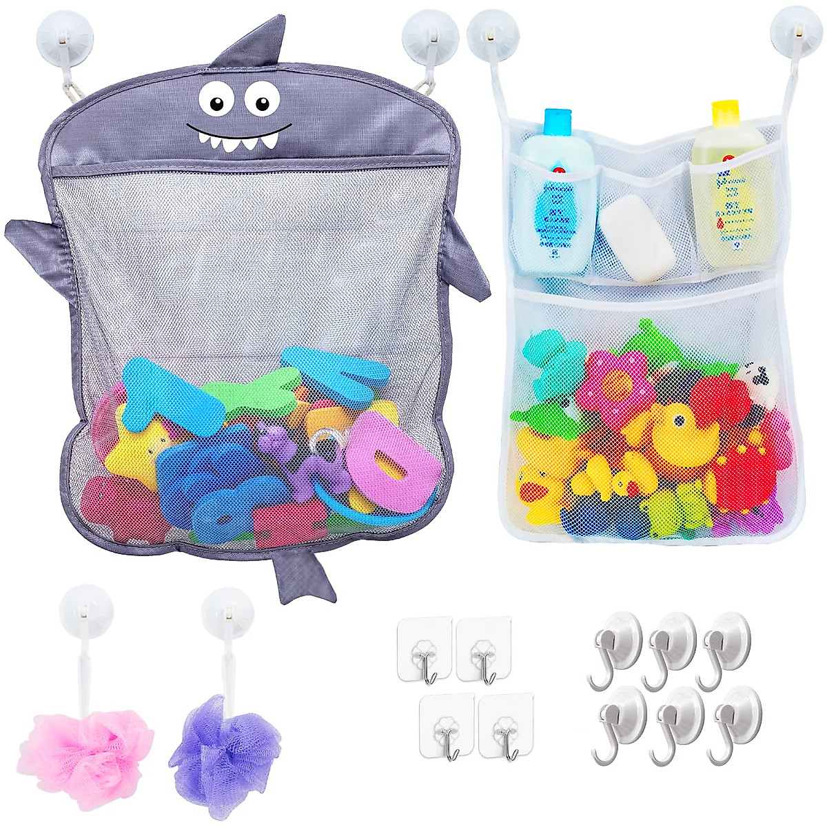 2 x Mesh Bath Toy Organizer + 6 Ultra Strong Hooks – The Perfect Bathtub Toy Holder & Bathroom or Shower Caddy – These Multi-use Net Bags Make Baby Bath Toy Storage Easy – For Kids & Toddlers
