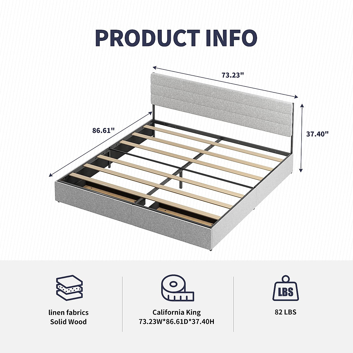 ZAFLY Platform California King Size Bed Frame with Linen Adjustable Headboard,Cal King Bed Frame with 2 Storage Drawers,Wooden Slats Support,No Box Spring Needed,Easy Assembly,Light Grey
