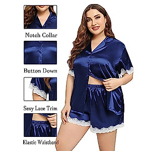 SWOMOG Women Plus Size Pajama Set Silk Satin Lounge Set Short Sleeve 2 Pcs Ladies Pj Sets Button Down Lace Trim Sleepwear with Shorts Navy Blue