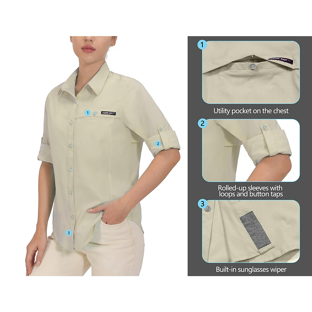 Little Donkey Andy Women's UV Protection Shirt, Breathable Long Sleeve Hiking Shirt, Air-Holes Tech Light Khaki Heather M