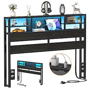 Furnulem Headboard Full Size with 3-Tier Shelf, Bookcase Storage Head Board with RGB LED Light and Charging Station,2 Outlets and 2 USB Ports,Black Wood Storage Cubbies & Metal Frame,Adjustable Height