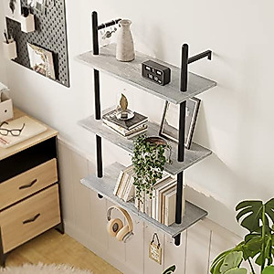 Bestier Floating Shelves, Storage Hanging Shelves for Wall Decor with Towel Bar and Hooks for Living Room Kitchen Coffee Bar, Grey