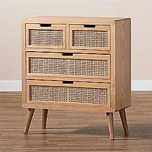 Baxton Studio Alina Medium Oak Finished Wood and Rattan 4-Drawer Accent Chest