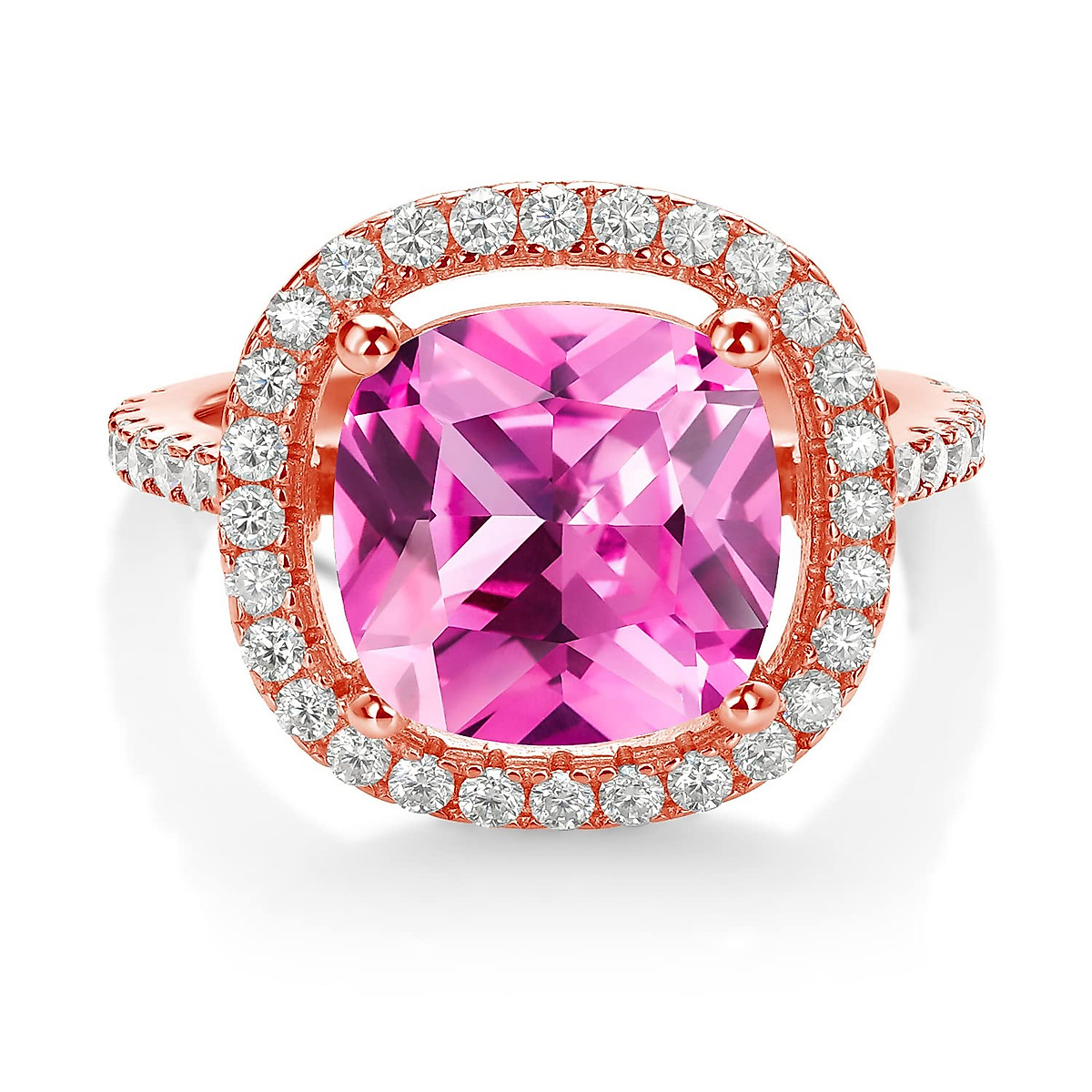 Gem Stone King 18K Rose Gold Plated Silver 10MM Cushion Cut Gemstone Birthstone and White Moissanite Engagement Ring | Wedding Anniversary Promise Ring For Women | Ring Size 5-9