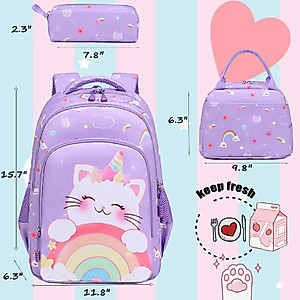 Jumpopack Unicorn Backpack for Girls School Backpack for Elementary Girls Backpack with Lunch Box Lightweight Water Resistance School Bag Preschool Kids Bookbag,Unicorn Cat