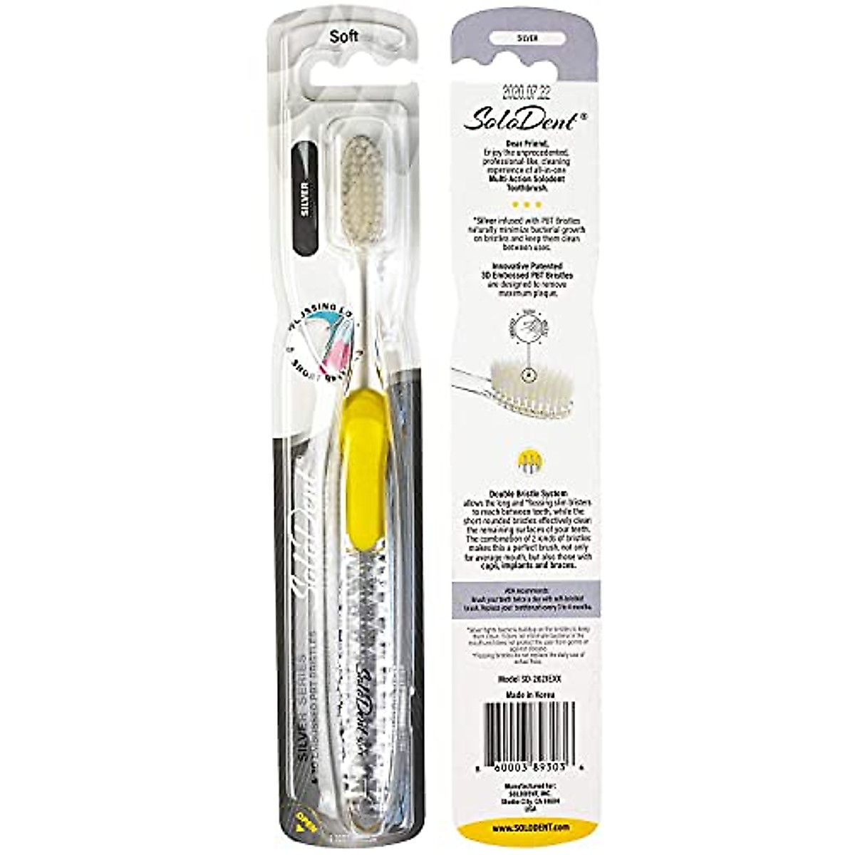 Solodent Toothbrush Soft, Silver Flossing Bristles (Pack of 2) Colors May Vary
