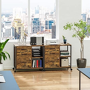 Himusi 3 Drawer Wood File Cabinet with Socket and USB Charging Ports for Home Office, Rolling Lateral Filing Cabinet with Locking Drawer for A4/Letter Size, Printer Stand with Storage, Rustic