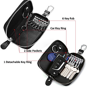 WESTONETEK Unisex Mens Womens Premium Leather Car Key Holder Bag Keychain Case Wallet with 6 Hooks Zipper Closure, Black