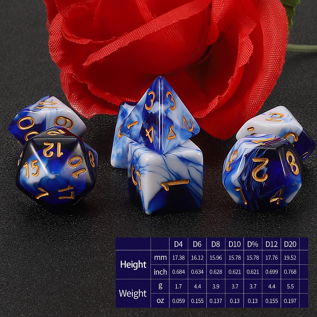 QMay DND Dice Set -D&D Polyhedral Dice (7 Pcs) for Dungeons and Dragons(Blue and White)