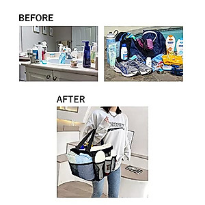 Mesh Shower Caddy Portable for College Dorm – Quick Dry Hanging Shower Bag for Bathroom, Beach, Swimming & Gym – Shower Tote Double Handles with Oxford Base, 8-Pockets & 2 key Chain Holder –Shower Cap