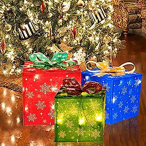 FUNPENY Set of 3 Christmas Lighted Gift Boxes, 50 LED Christmas Box Decorations, Presents Boxes (Snowflake)