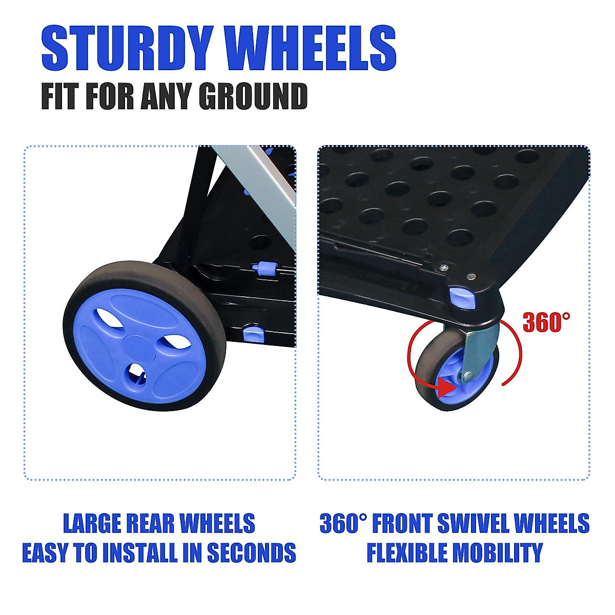 APOXCON Folding Shopping Cart, Two Tier Collapsible Cart with One Crate, Heavy Duty Utility Cart with 360° Rolling Swivel Wheels Multiple Uses Folding Trolley for Shopping, Picnic and Office