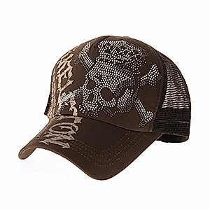 WITHMOONS Meshed Baseball Cap Skull Rhinestones Trucker Hat KR1751 (Brown)