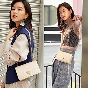 Leather Crossbody Bag for Women, Genuine Leather Ladies Small Purse and Handbags Women's Mini Shoulder Bags Womens Leather Messenger Bags Quilted Bag With Metal Chain Strap Fashion Evening Bag (Beige)