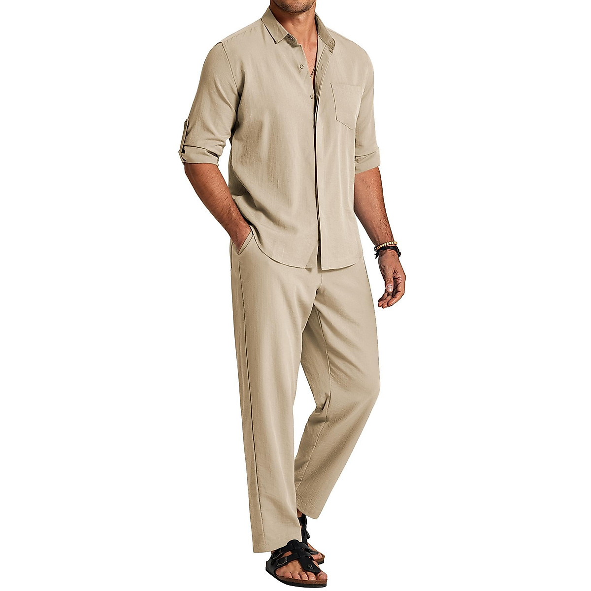 COOFANDY Beach Wear Linen Pants 2 Piece Men Casual Shirts Set Beach Party Wedding Outfits