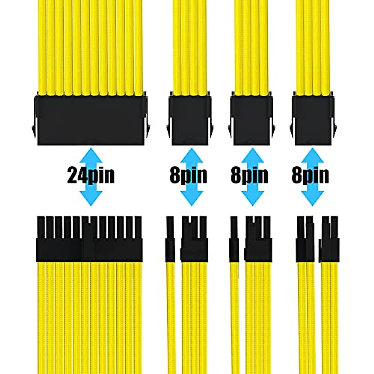 Funtin Mod Sleeved Cable, Yellow Power Supply Cable Extension Kit, 24PIN ATX, 4+4 PIN EPS, Dual 6+2 PIN PCIE