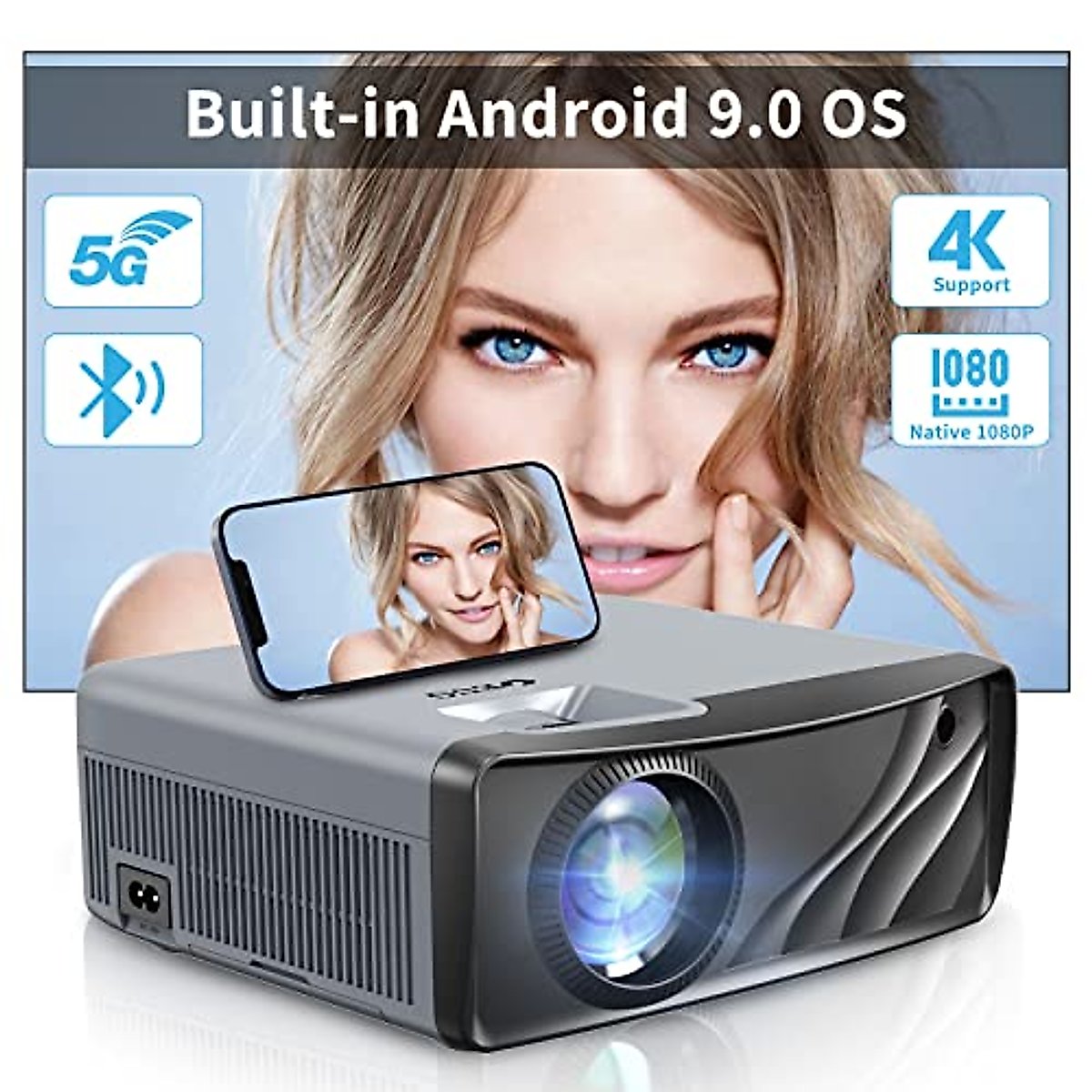 Portable 4K 5G WiFi Projector Native 1080P Bluetooth Projector with Android 9.0 OS 40% Zoom 4D/4P Keystone Correction,Home Cinema Smart Movie Projector Compatible with Smartphone Tablet PC TV Stick