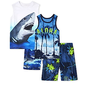 The Children's PlaceThe Children's Place Boys Sleeveless Tank Top and Shorts 2 Piece Pajama SetsSHARK/PALM TREELarge (10/12)